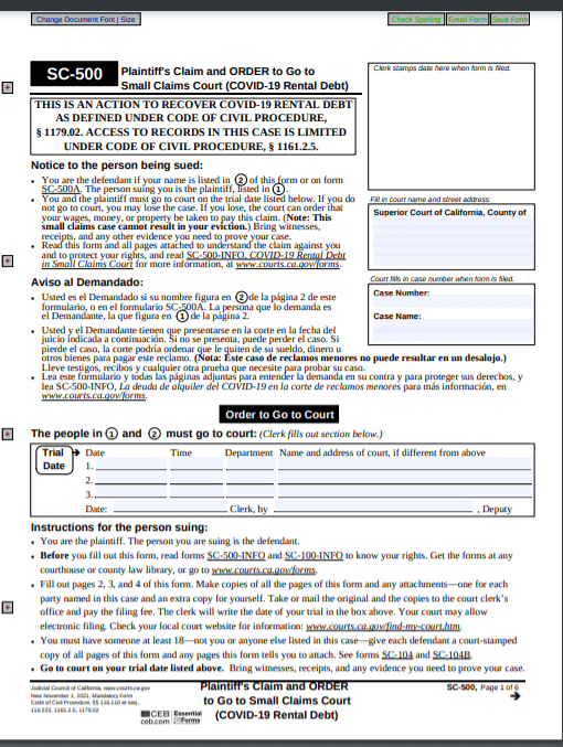 Form SC 500 Recouping COVID Related Rent Debt - Bornstein Law